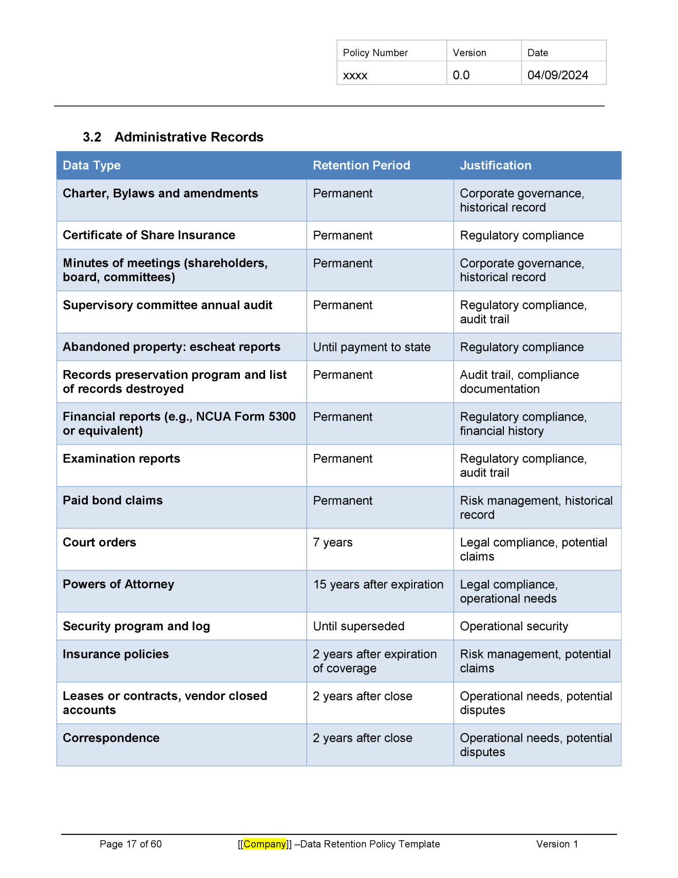 Data Retention Policy Template - Banking and Fintech Policies Templates