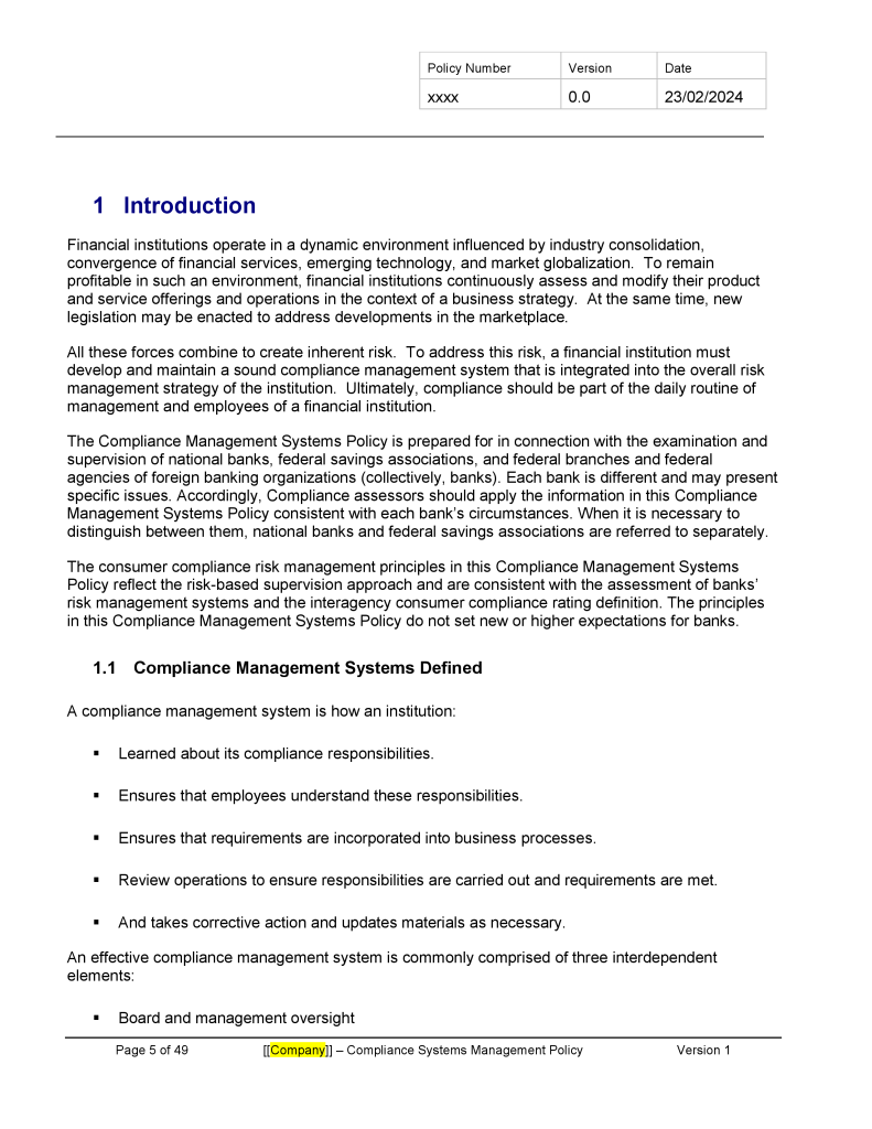 Compliance Management Policy Template - Banking and Fintech Policies ...
