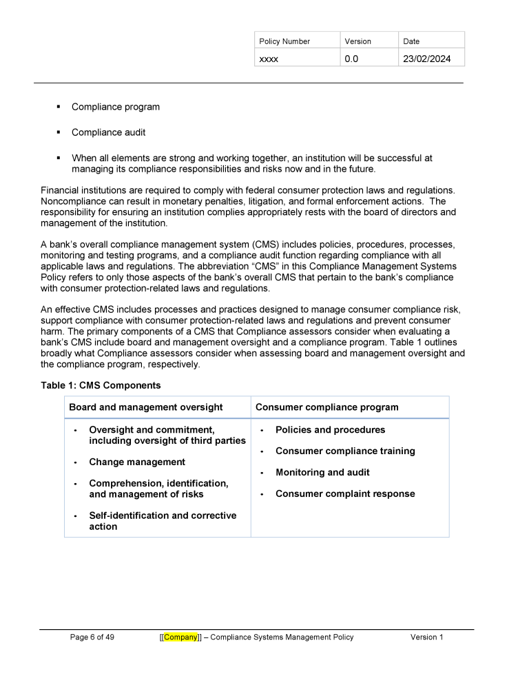 Compliance Management Policy Template - Banking and Fintech Policies ...
