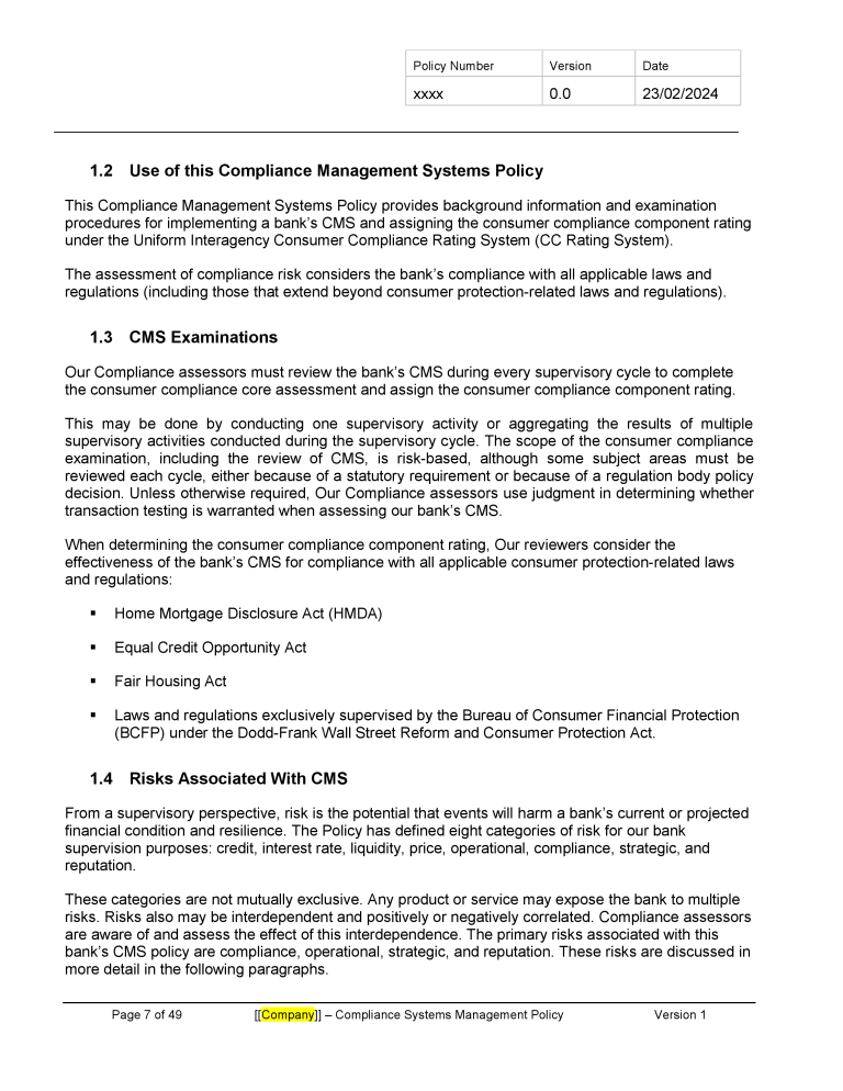 Compliance Management Policy Template - Banking and Fintech Policies ...