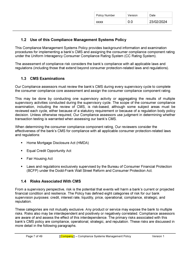 Compliance Management Policy Template - Banking and Fintech Policies ...