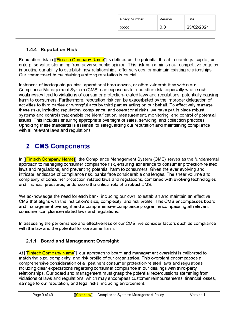 Compliance Management Policy Template - Banking and Fintech Policies ...