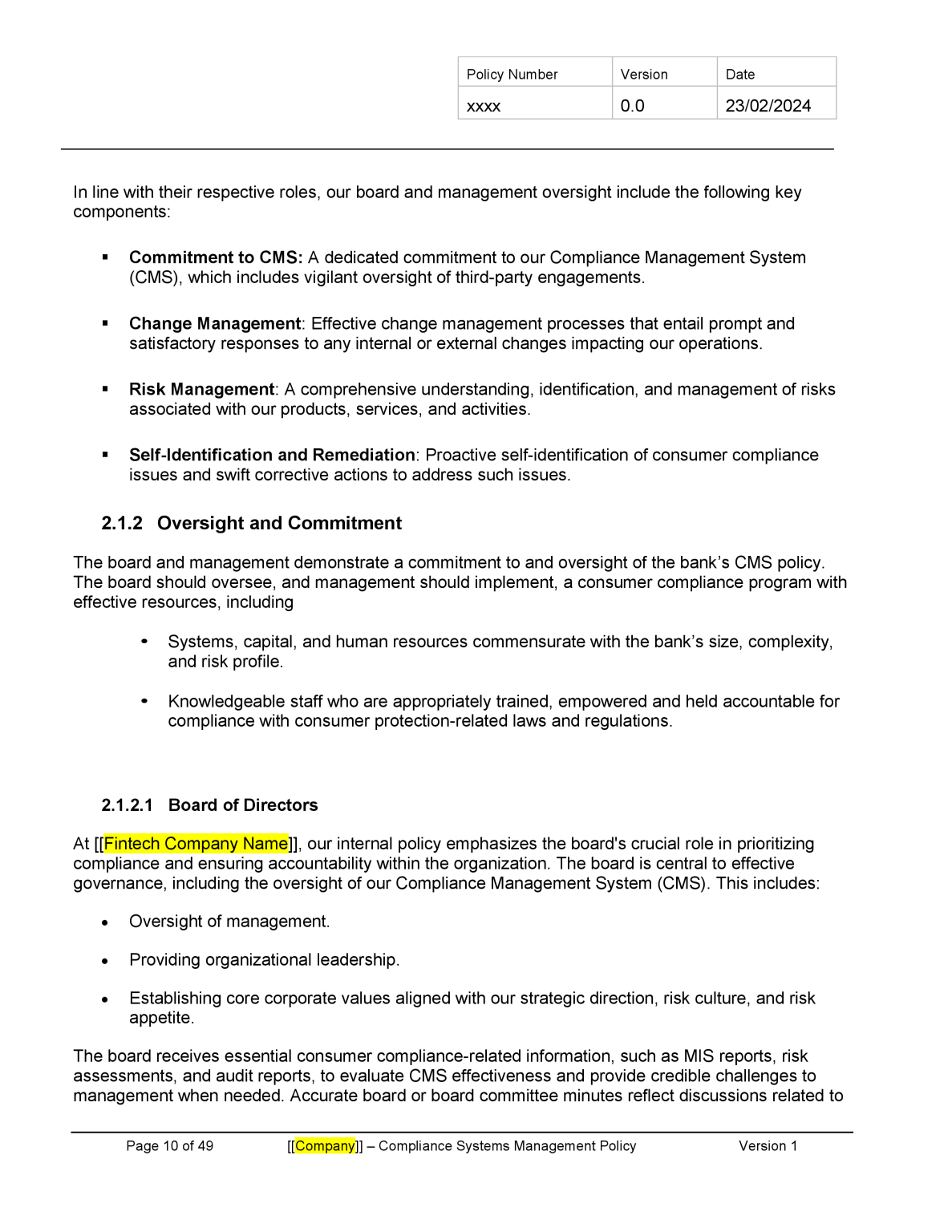 Compliance Management Policy Template - Banking and Fintech Policies ...