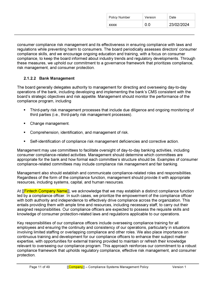 Compliance Management Policy Template - Banking and Fintech Policies ...