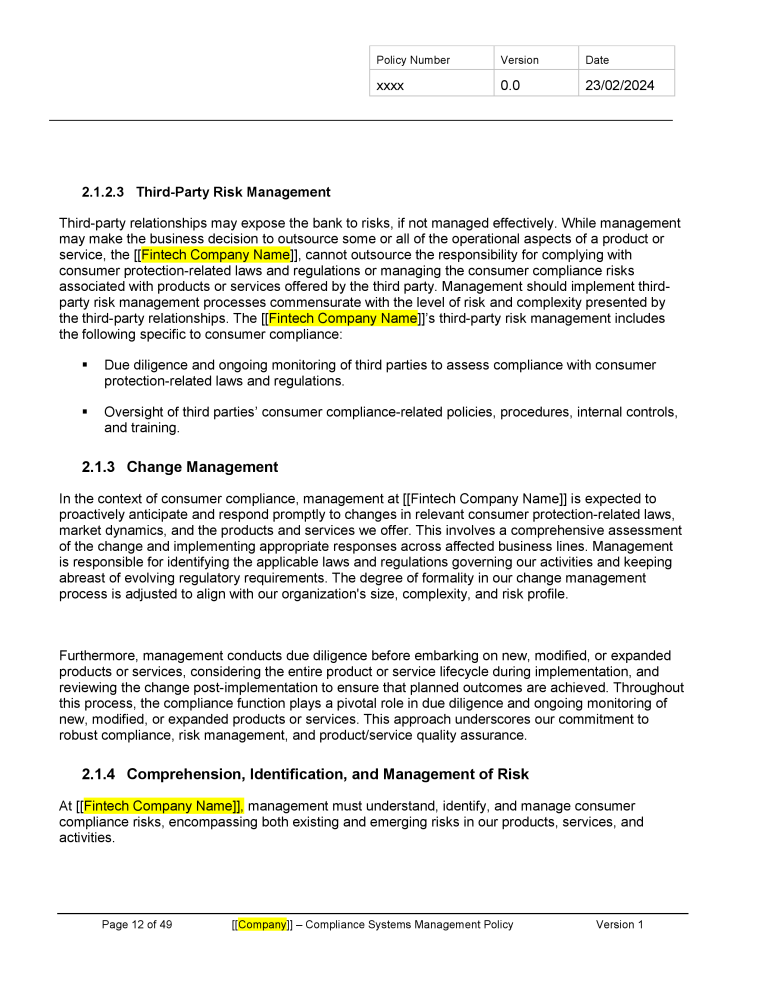 Compliance Management Policy Template - Banking and Fintech Policies ...