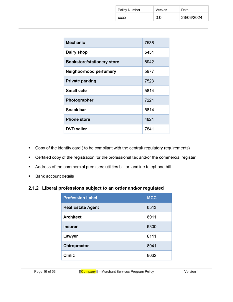 Merchant Services Program Policy Template - Banking and Fintech ...