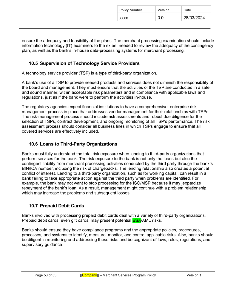 Merchant Services Program Policy Template - Banking and Fintech ...