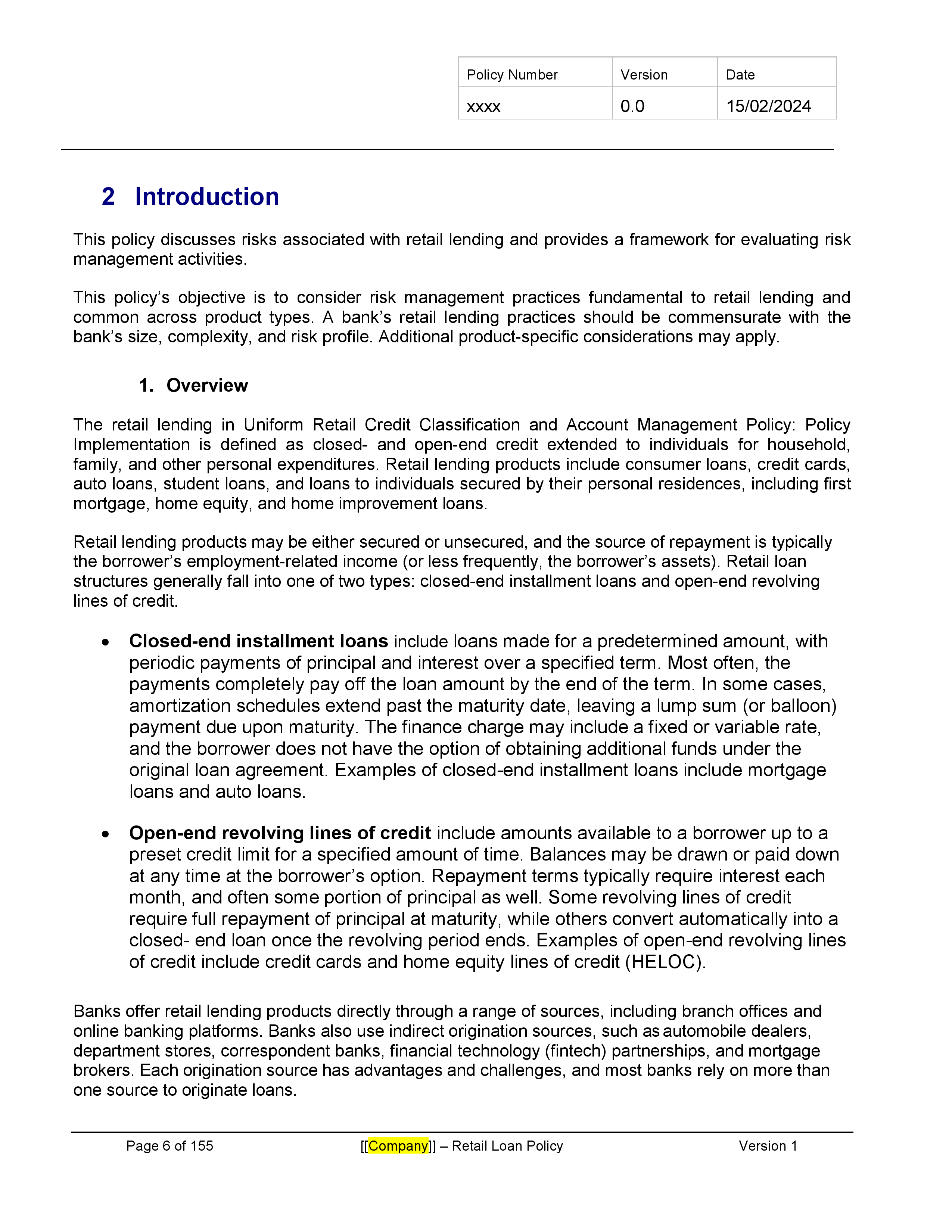 Consumer Loan Policy Template - Banking and Fintech Policies Templates