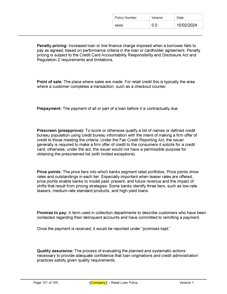 Consumer Loan Policy Template - Banking and Fintech Policies Templates