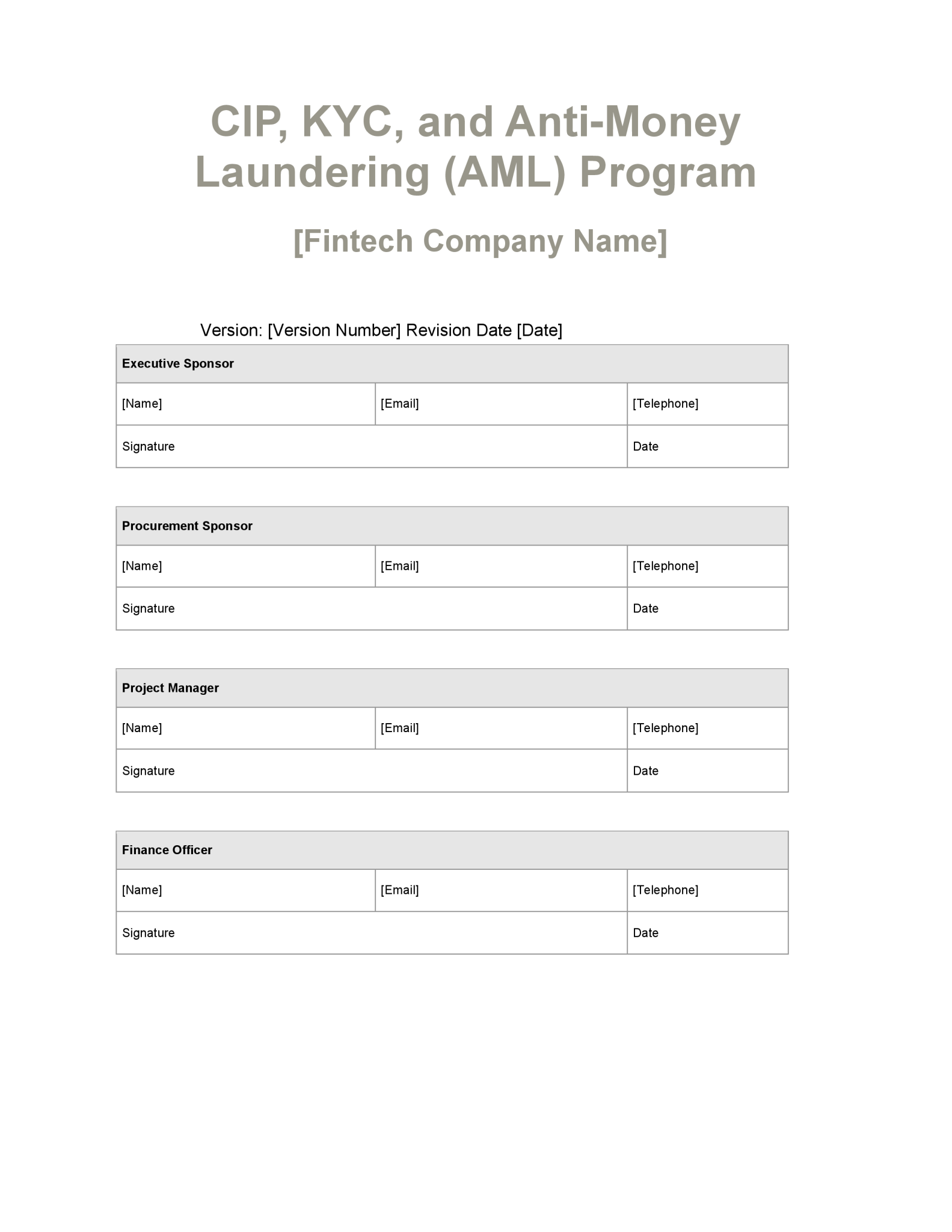 CIP, KYC, and Anti-Money Laundering (AML) Program Policy Template ...