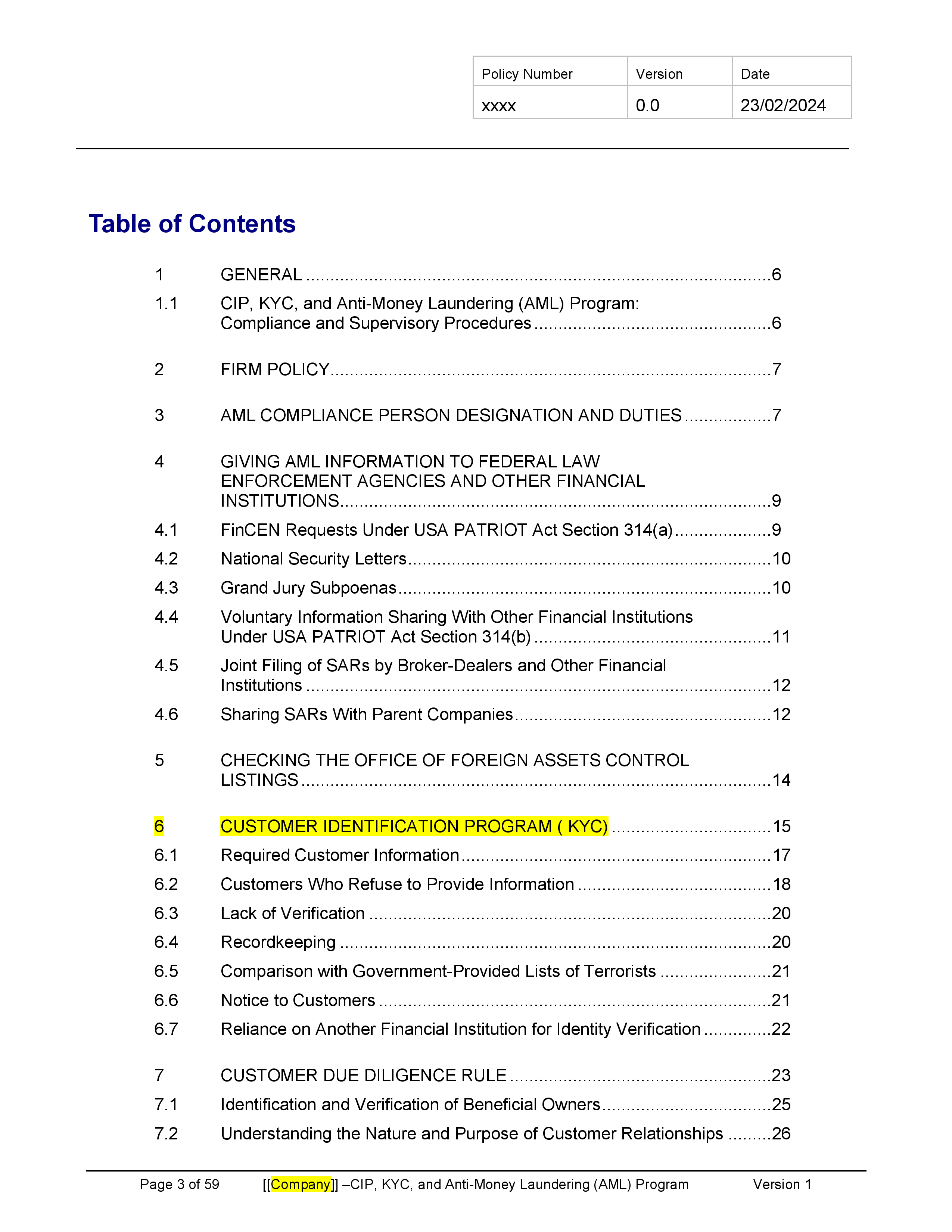 CIP, KYC, and Anti-Money Laundering (AML) Program Policy Template ...