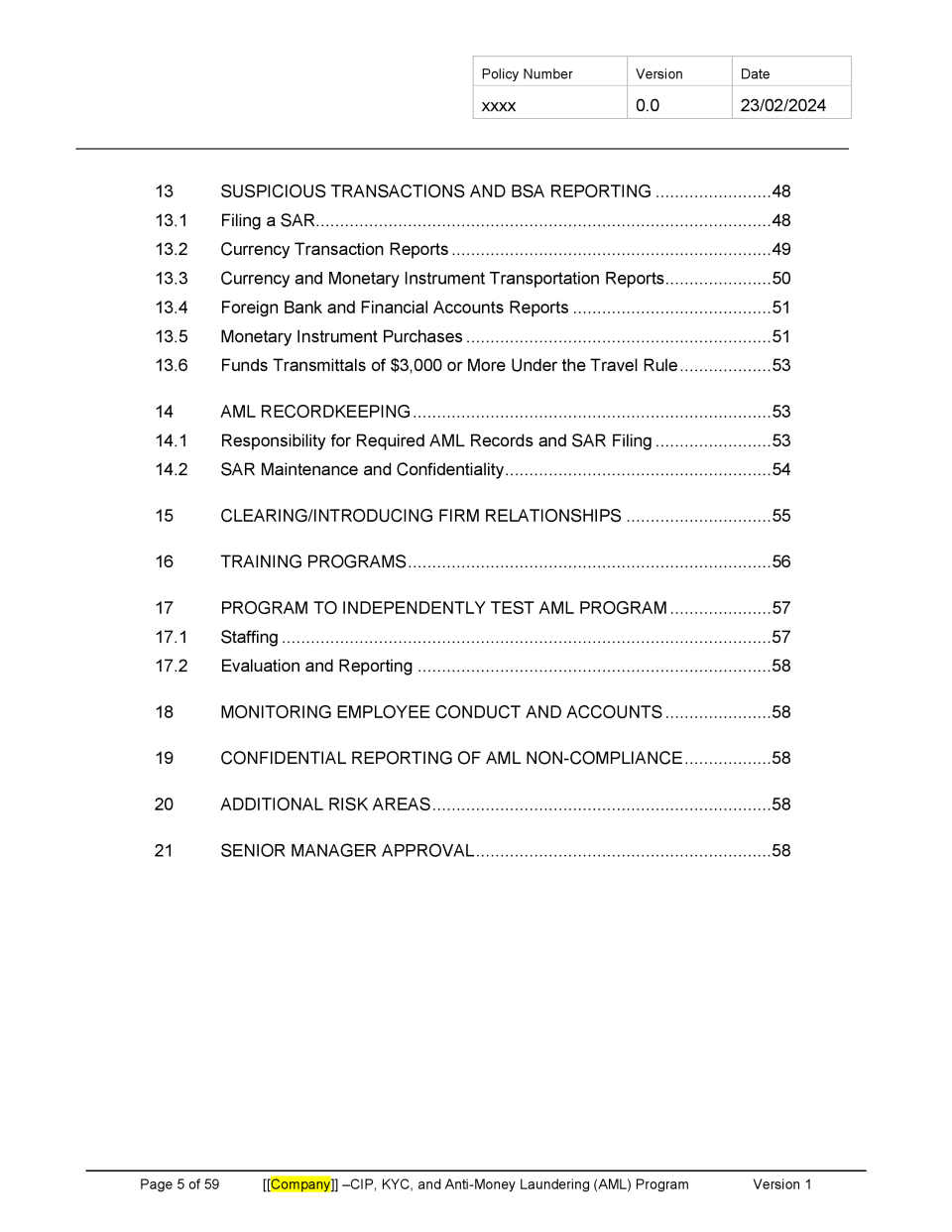 CIP, KYC, and Anti-Money Laundering (AML) Program Policy Template - Banking and Fintech Policies ...
