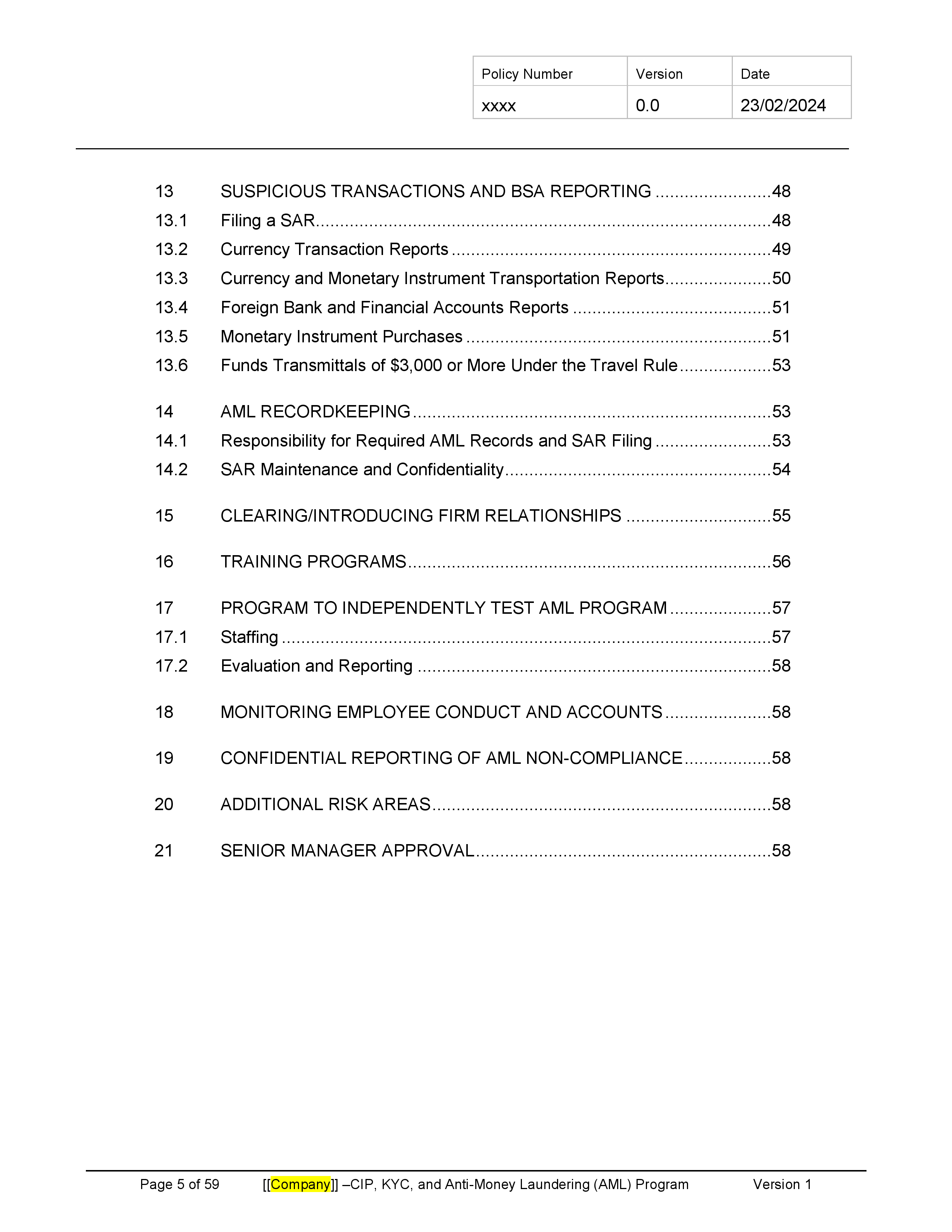 CIP, KYC, and Anti-Money Laundering (AML) Program Policy Template ...