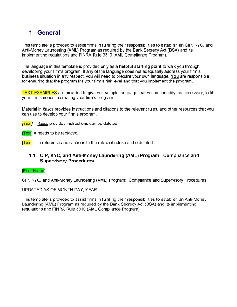 CIP, KYC, and Anti-Money Laundering (AML) Program Policy Template ...