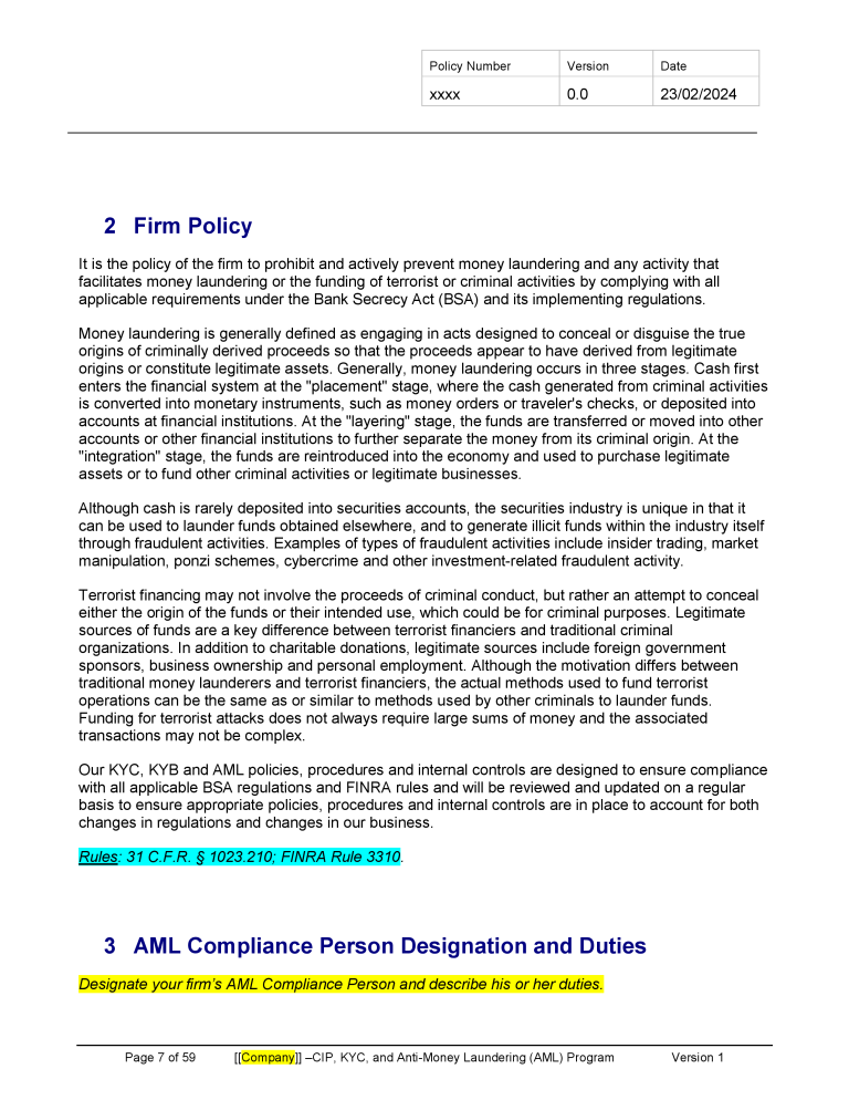 CIP, KYC, and Anti-Money Laundering (AML) Program Policy Template ...