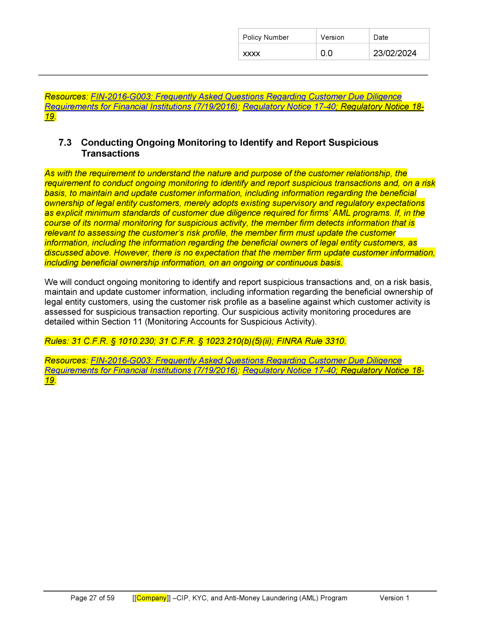 CIP, KYC, and Anti-Money Laundering (AML) Program Policy Template ...