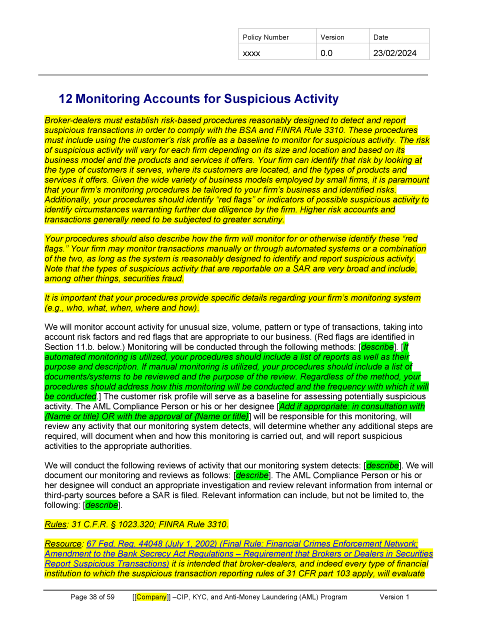 CIP, KYC, and Anti-Money Laundering (AML) Program Policy Template ...
