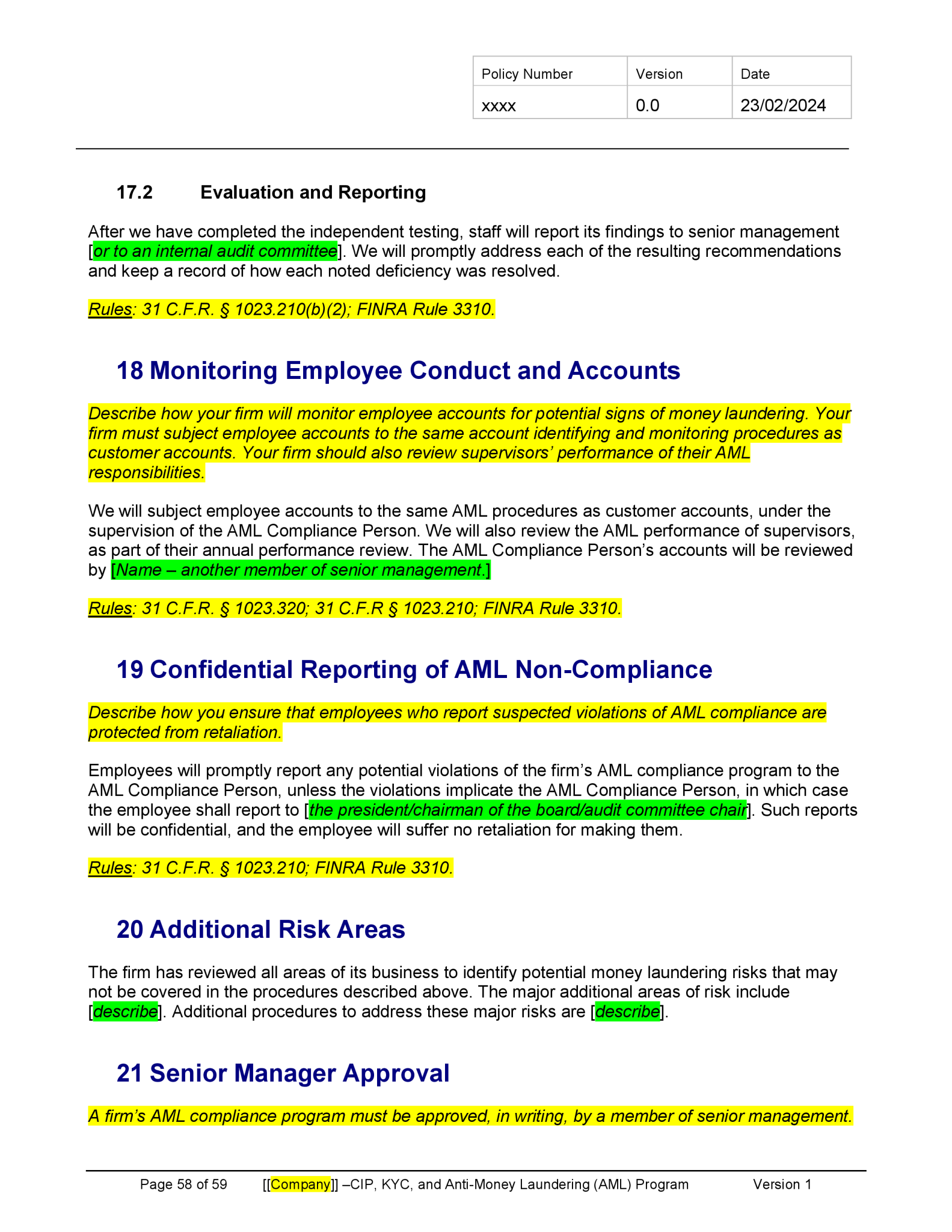 CIP, KYC, and Anti-Money Laundering (AML) Program Policy Template ...