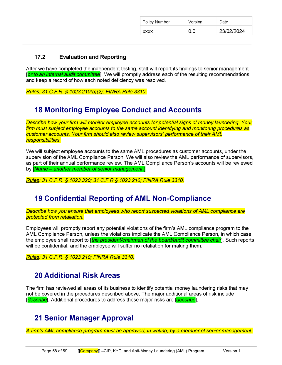 CIP, KYC, and Anti-Money Laundering (AML) Program Policy Template ...