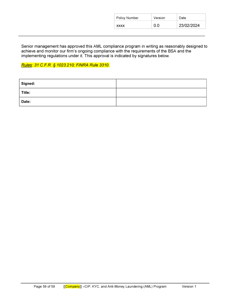 CIP, KYC, and Anti-Money Laundering (AML) Program Policy Template ...
