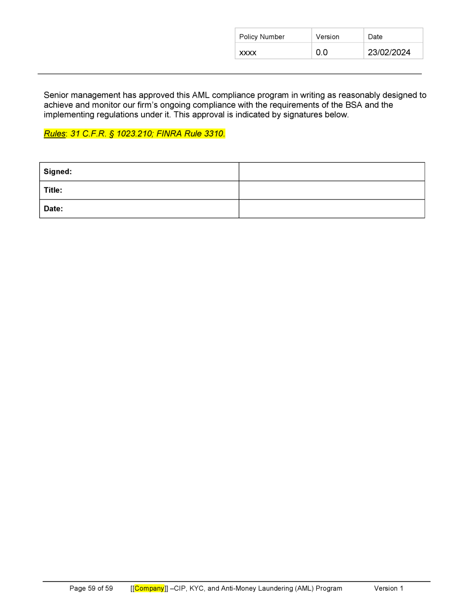 CIP, KYC, and Anti-Money Laundering (AML) Program Policy Template ...