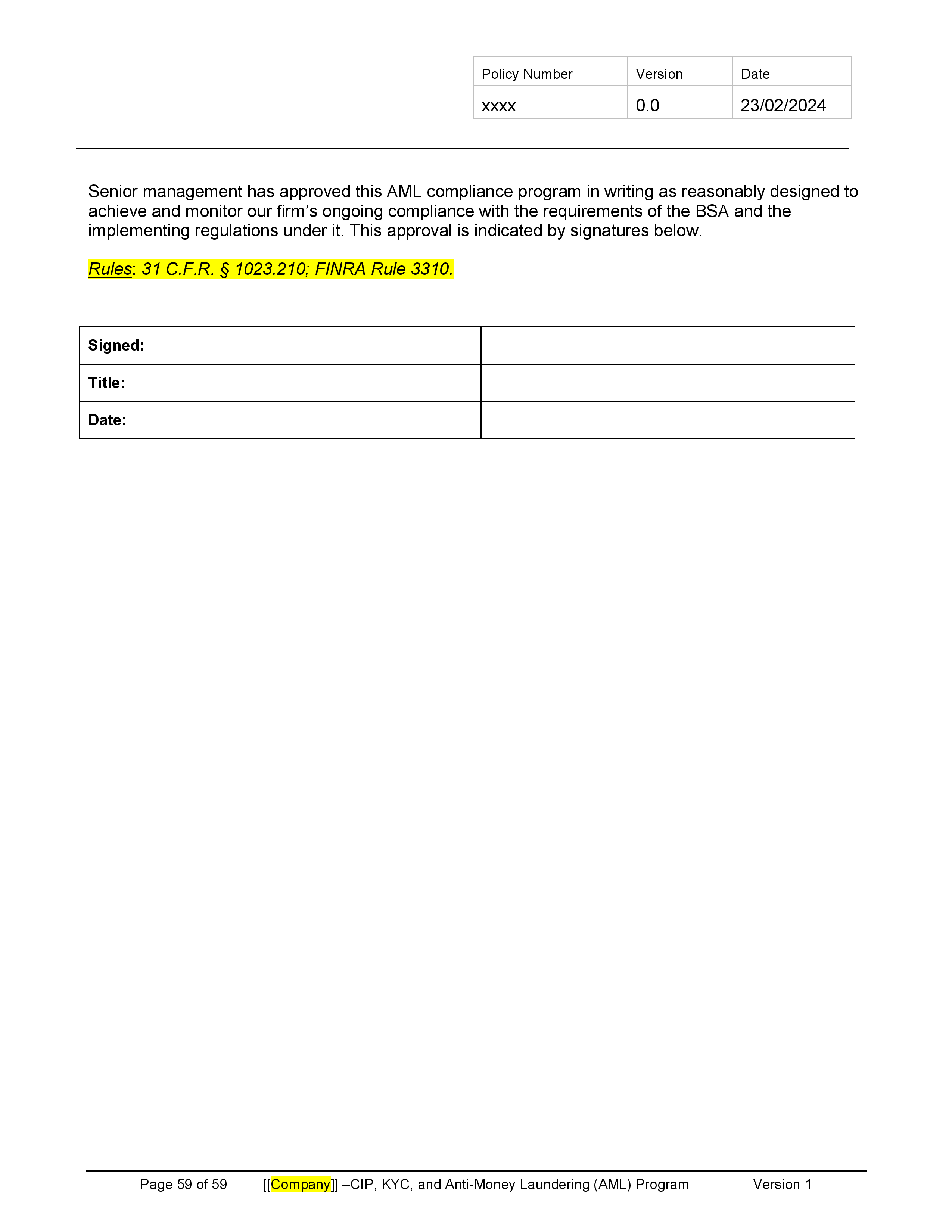 CIP, KYC, and Anti-Money Laundering (AML) Program Policy Template ...