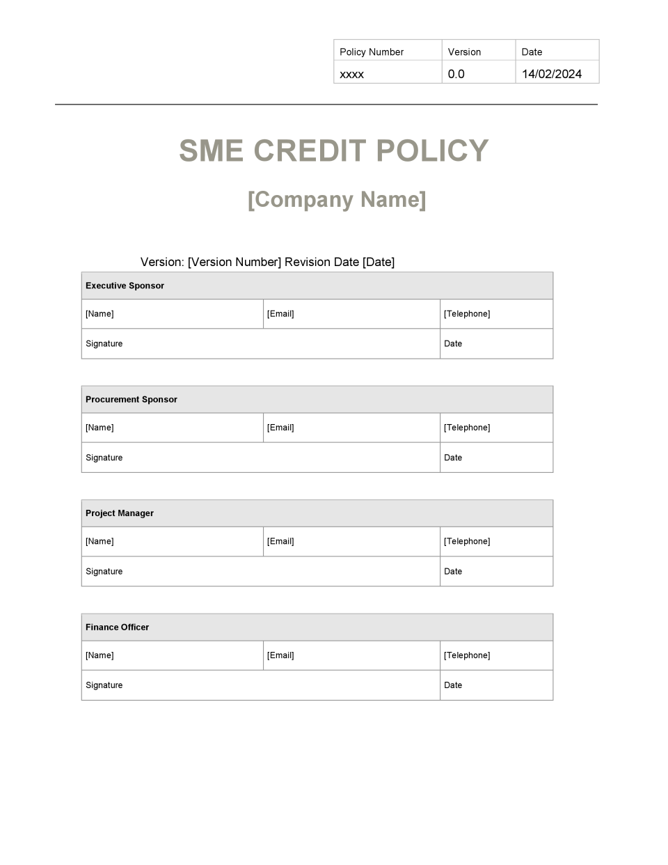 SME Credit Policy Template - Banking and Fintech Policies Templates