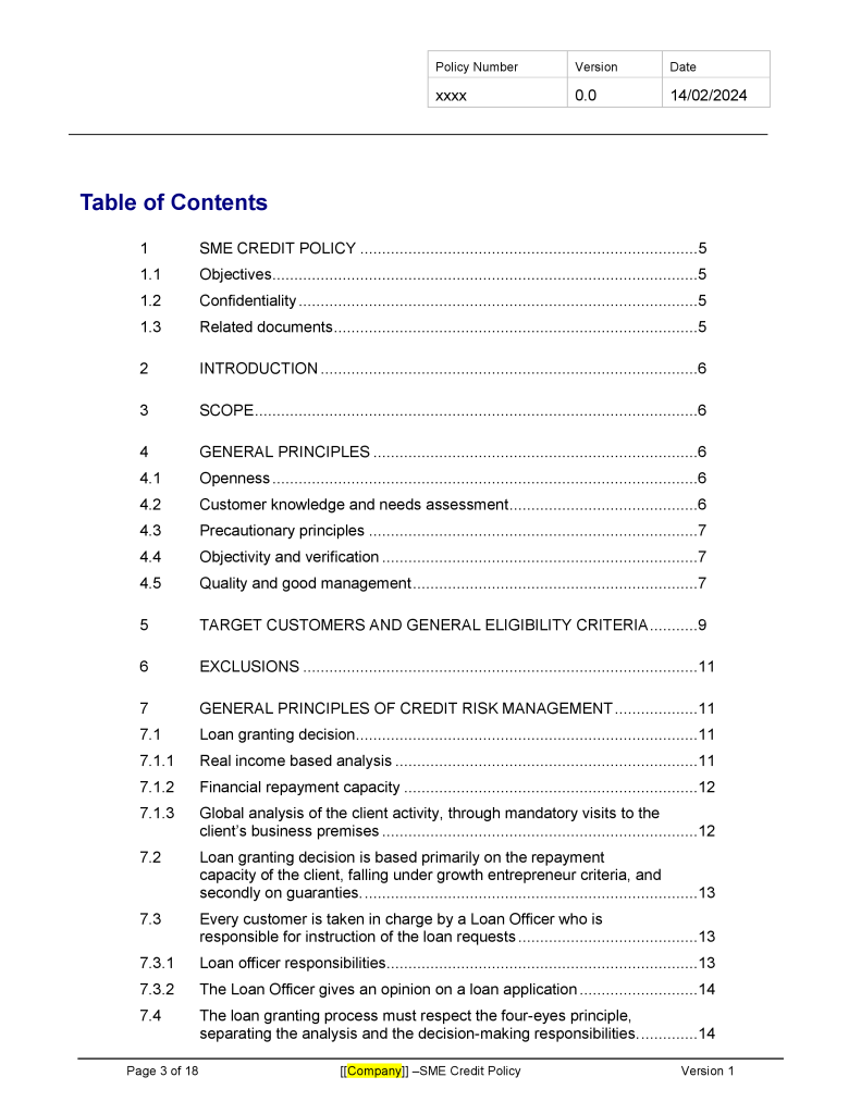 SME Credit Policy Template - Banking and Fintech Policies Templates