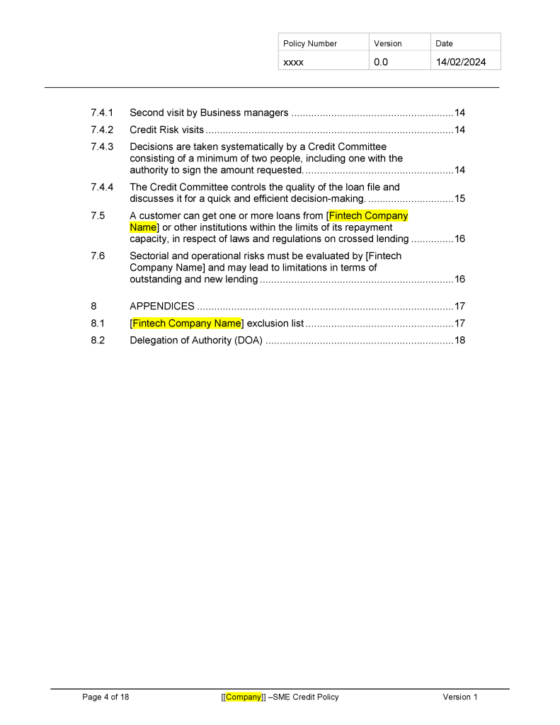 SME Credit Policy Template - Banking and Fintech Policies Templates