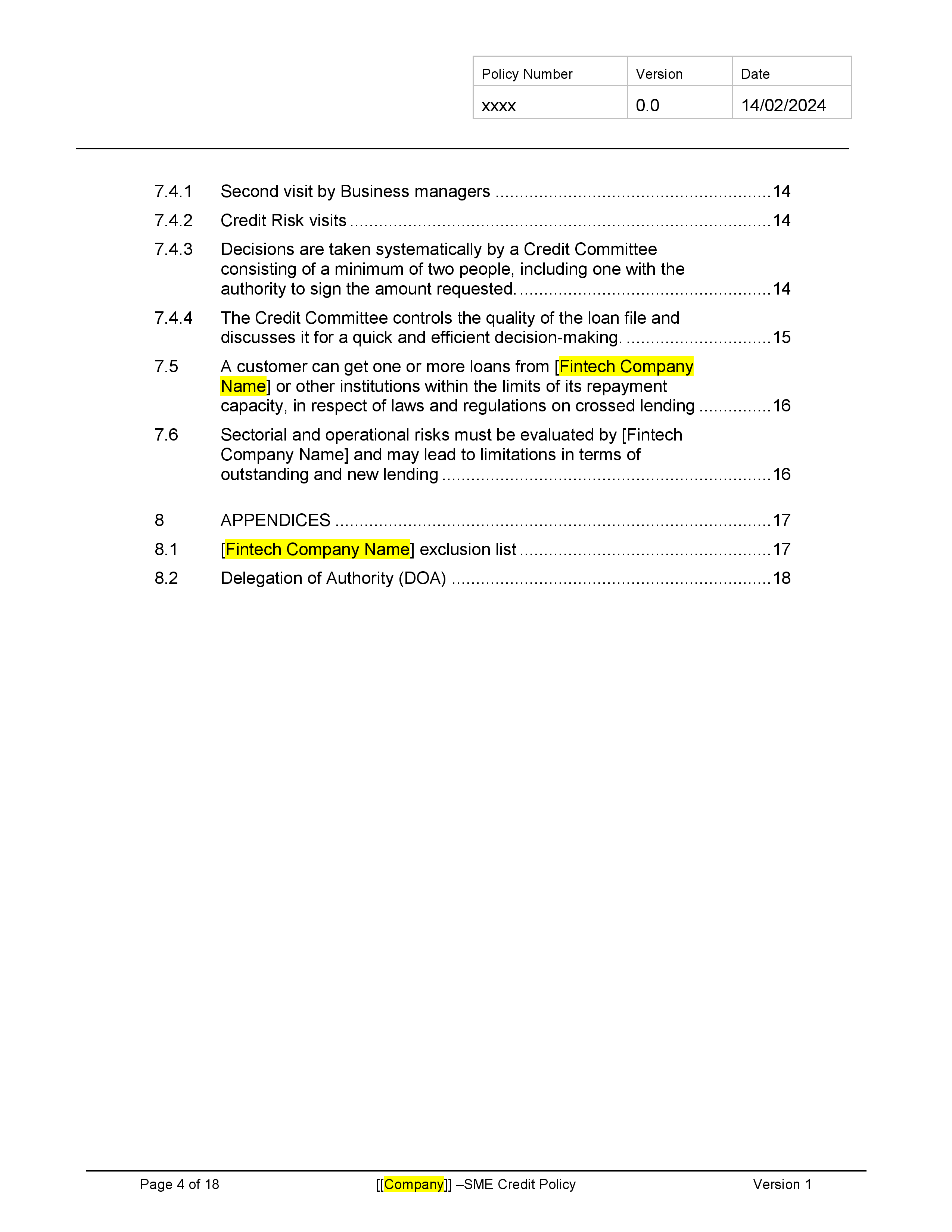 SME Credit Policy Template - Banking and Fintech Policies Templates