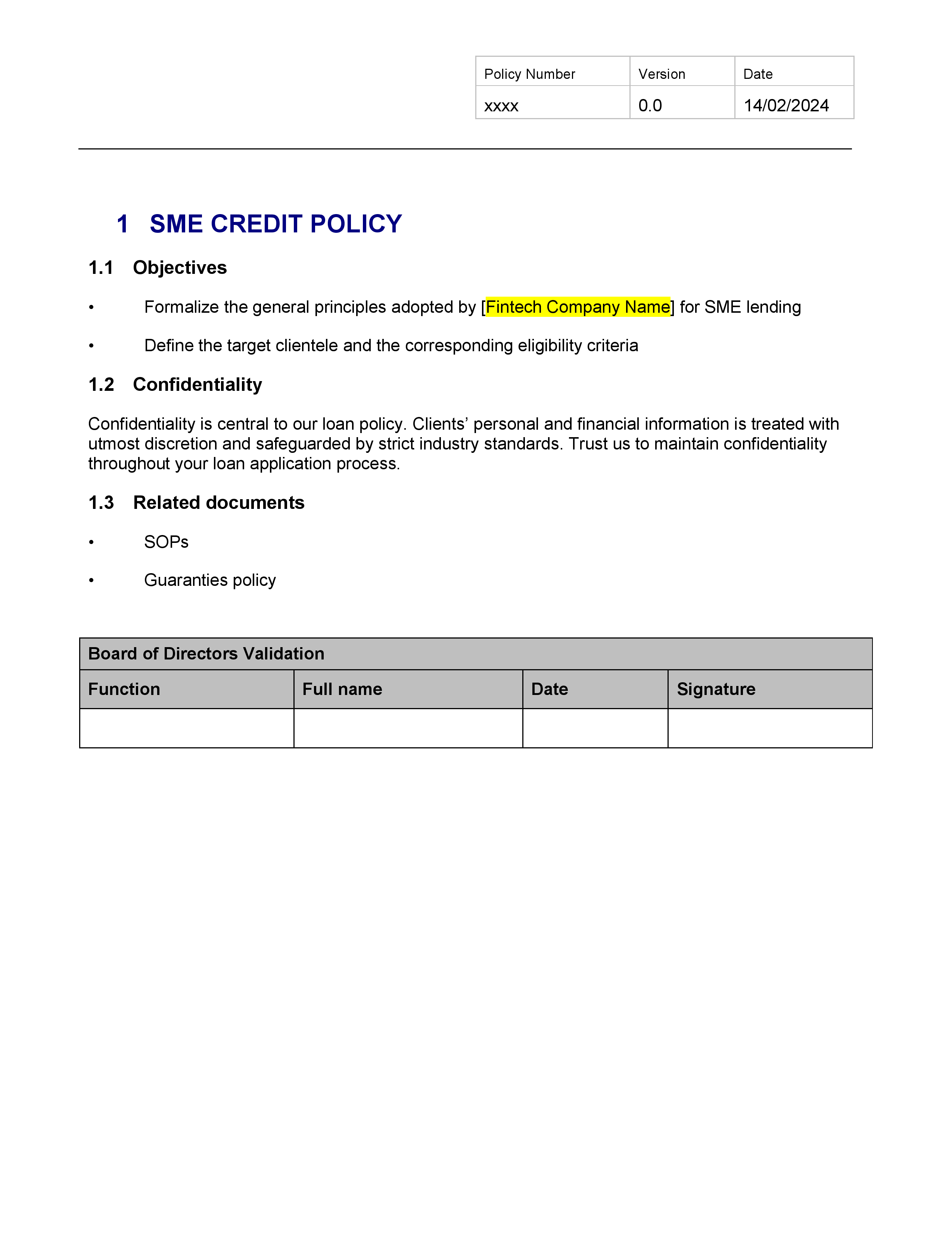 SME Credit Policy Template - Banking and Fintech Policies Templates