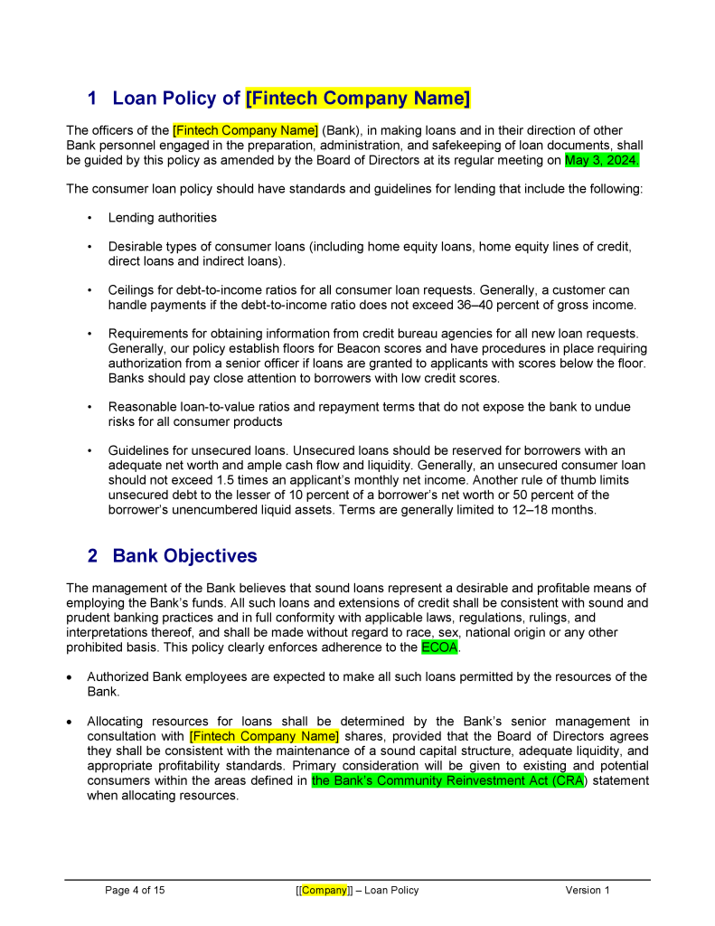 Sample Short Consumer Loan Policy Template - Banking and Fintech ...