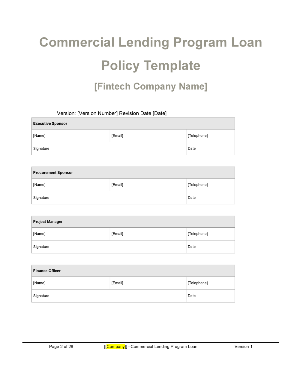 Commercial Lending Program Loan Policy Template - Banking and Fintech ...