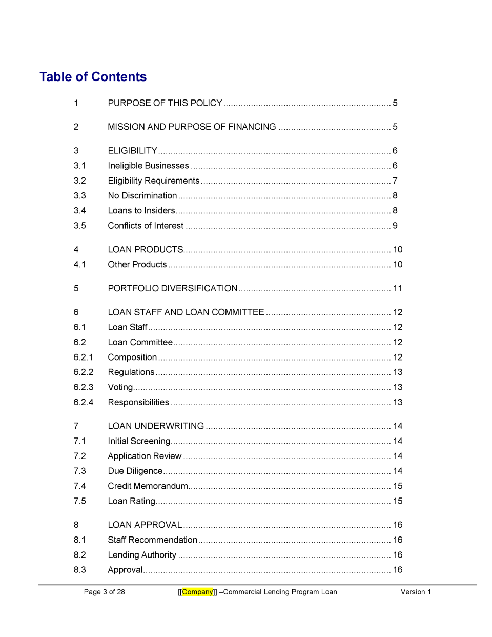 Commercial Lending Program Loan Policy Template - Banking and Fintech ...