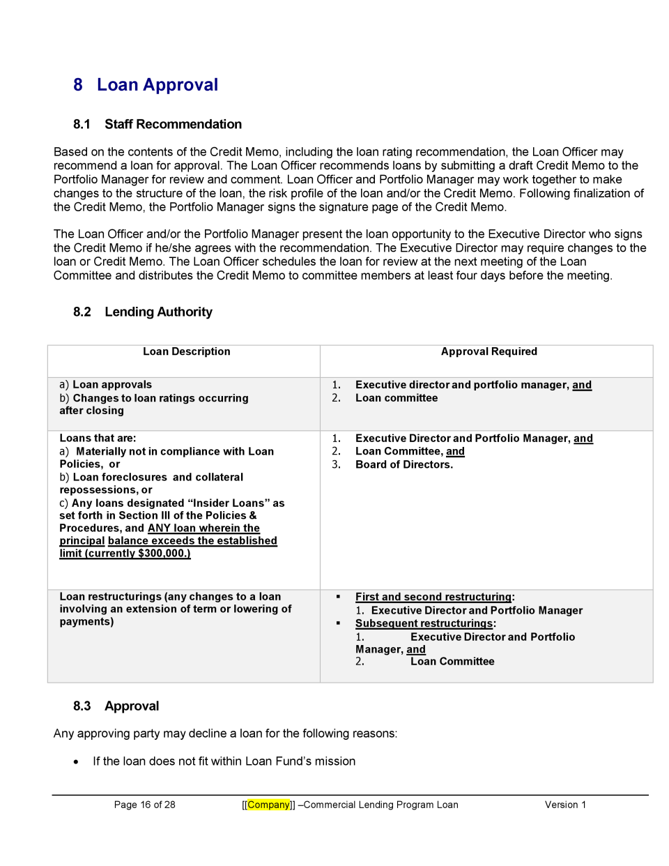 Commercial Lending Program Loan Policy Template - Banking and Fintech ...